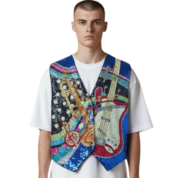 Jackets & Coats | Musicians Sequins Blingy Vest Guitar Trombone Treble ...